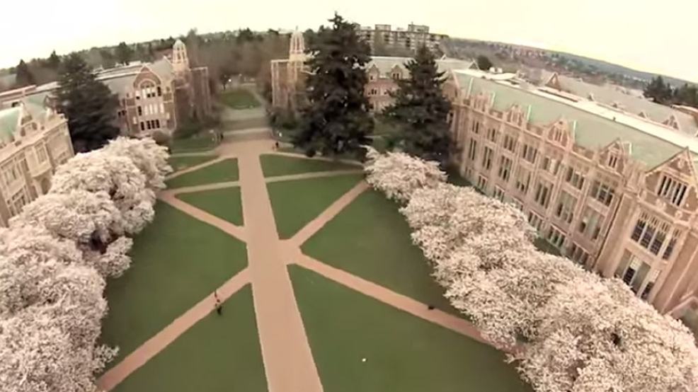 Aerial view of cherry blossom season at UW | Seattle Refined